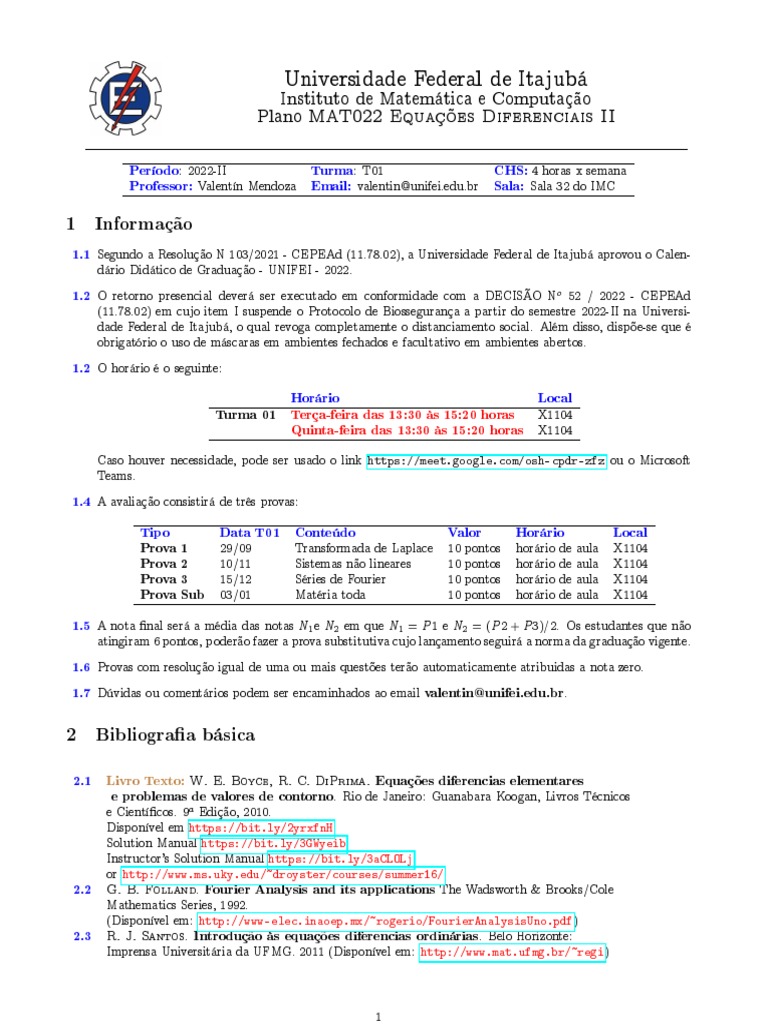 Plano de Aula EDO 2 - UNIFEI | PDF | Transformada de Fourier | Transformada de Laplace
