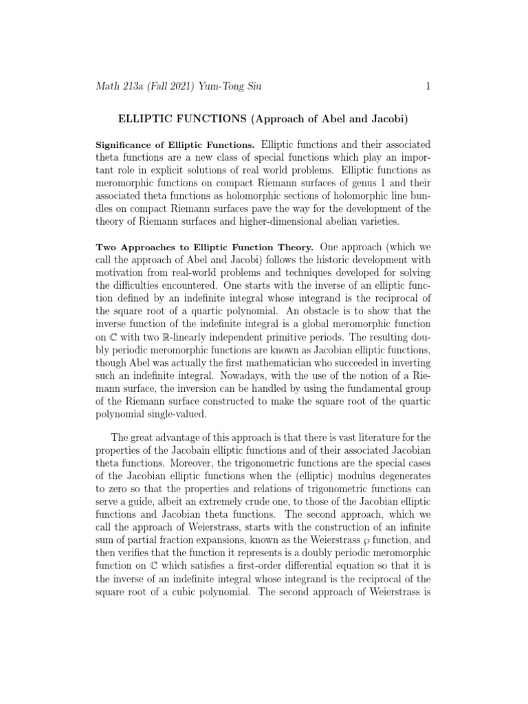 Elliptic Function Jacobi Approach Complete Pdf Trigonometric Functions Integral