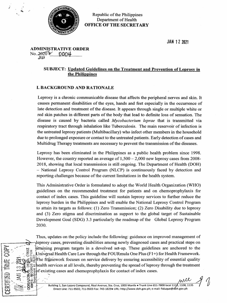 DOH-LEPROSY Administrative-Order-No-2021-0004 | PDF | Leprosy ...