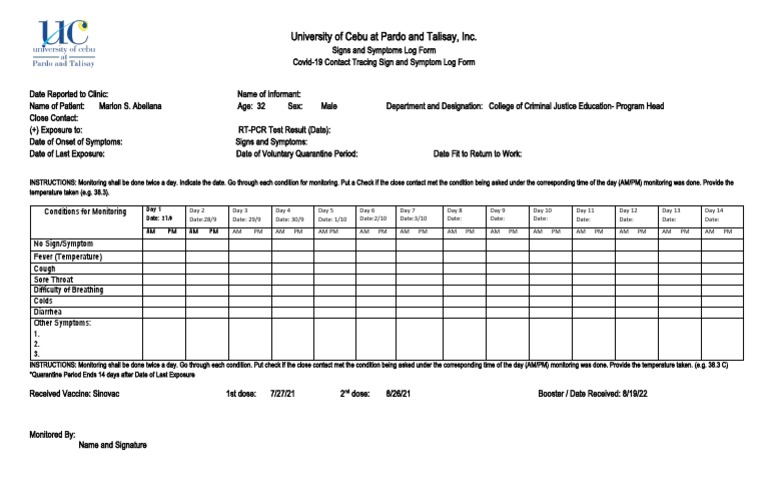 Covid-19 Symptoms Tracking Form | PDF | Common Cold | Clinical Medicine