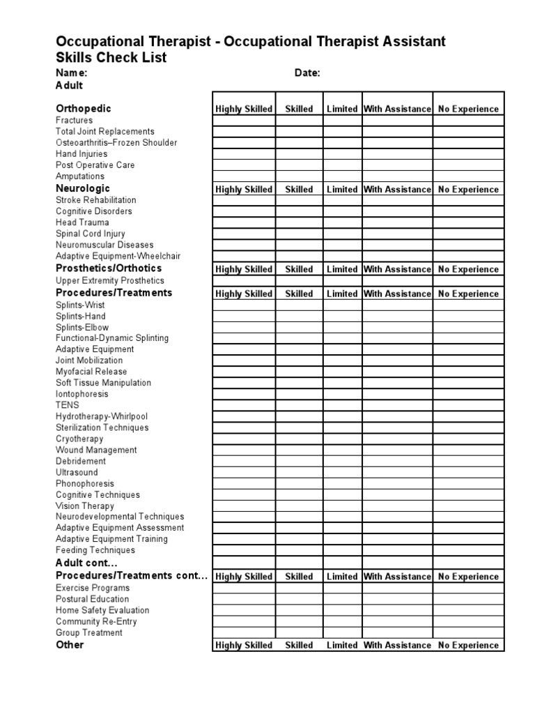 Ot Cota Skills Checklist 2 | Physical Therapy | Clinical Medicine