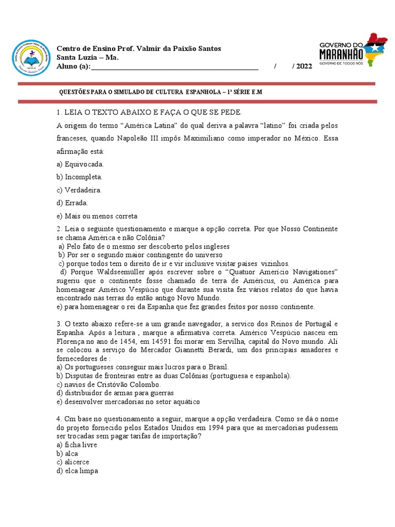 Simulado sobre Cultura Espanhola | PDF | Américas | Espanha