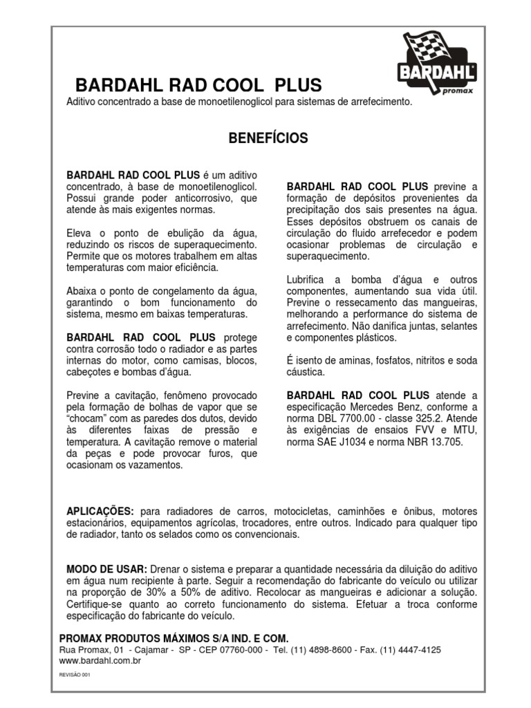 Bardahl Rad Cool Plus - BT | PDF | Radiador | Motores