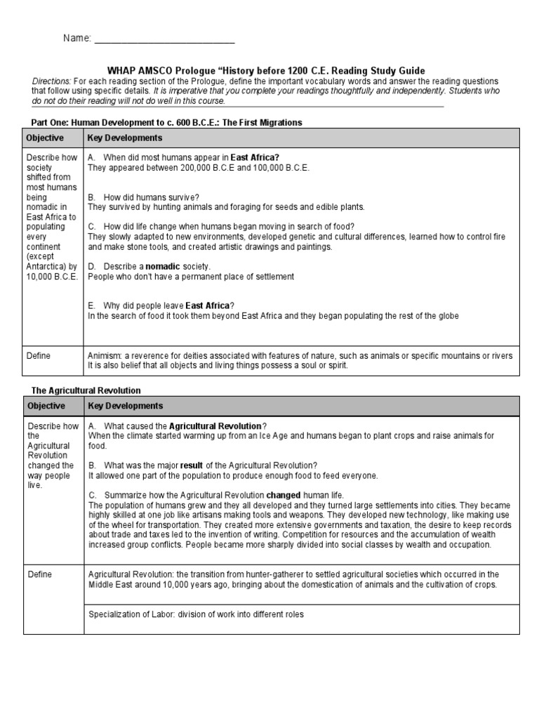 Prologue APWHM Reading Guide - AMSCO 2020 | PDF