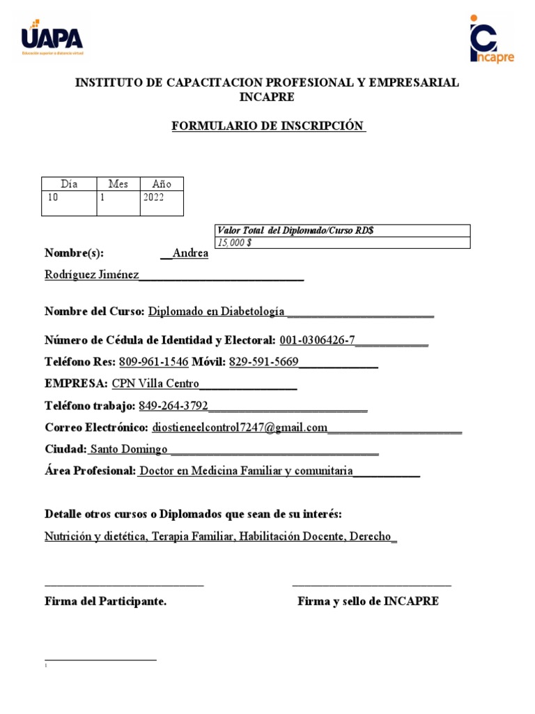 Formulario de Inscripcion | PDF