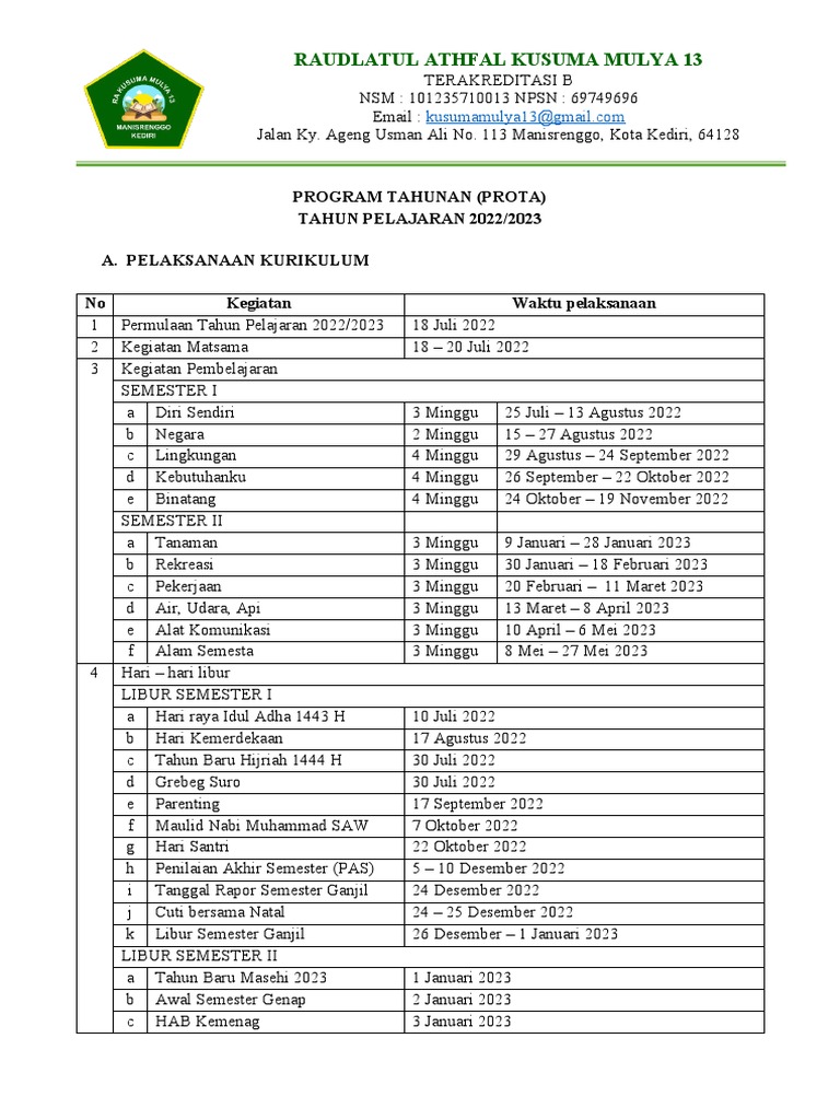 Program Tahunan Raudlatul Athfal | PDF