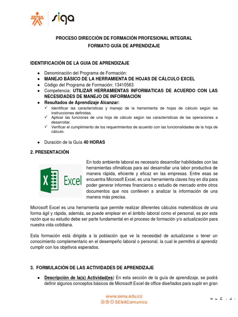 Guia de Aprendizaje Excel Basico Gfpi-f-019-V03 | PDF | Microsoft Excel | Hoja de cálculo