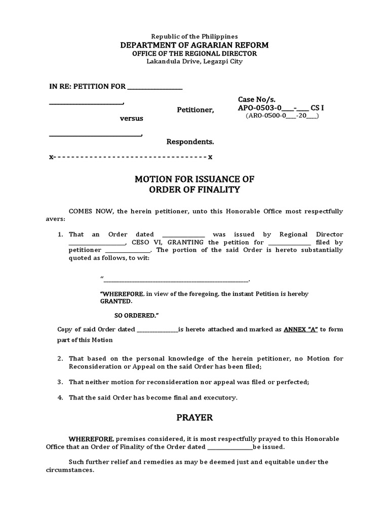 form_motion to issue finality order | PDF | Judiciaries | Public Law