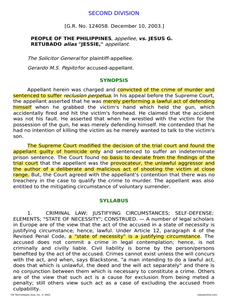 Justifying Circumstance - People - v. - Retubado | PDF | Criminal Law ... Justifying Circumstance - People - v. - Retubado | PDF | Criminal Law ...