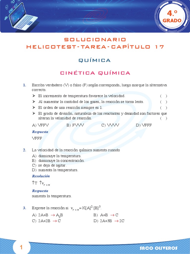 7 - Quim - 4° - Cap 17 - Sol - Tarea - 22 | Descargar gratis PDF | Velocidad de reacción ...