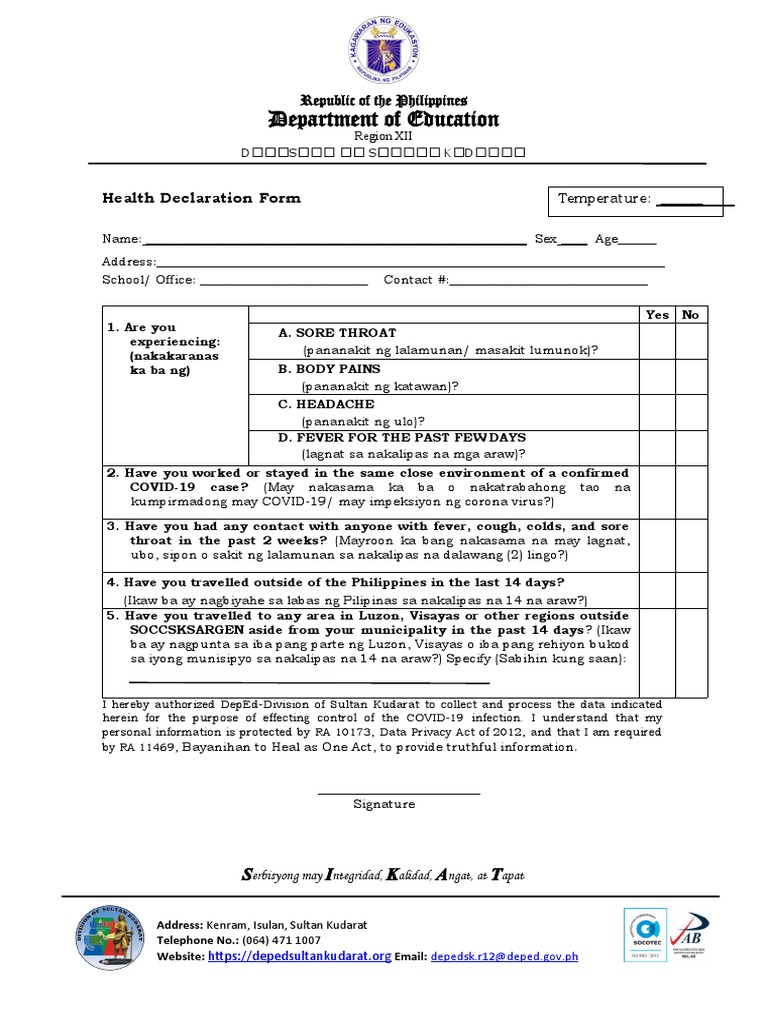 Health Declaration Form | PDF