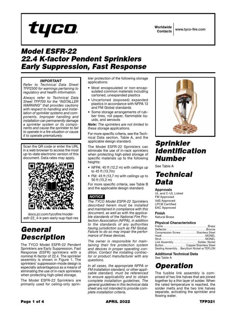 Model ESFR-22 22.4 K-Factor Pendent Sprinklers Early Suppression, Fast ...