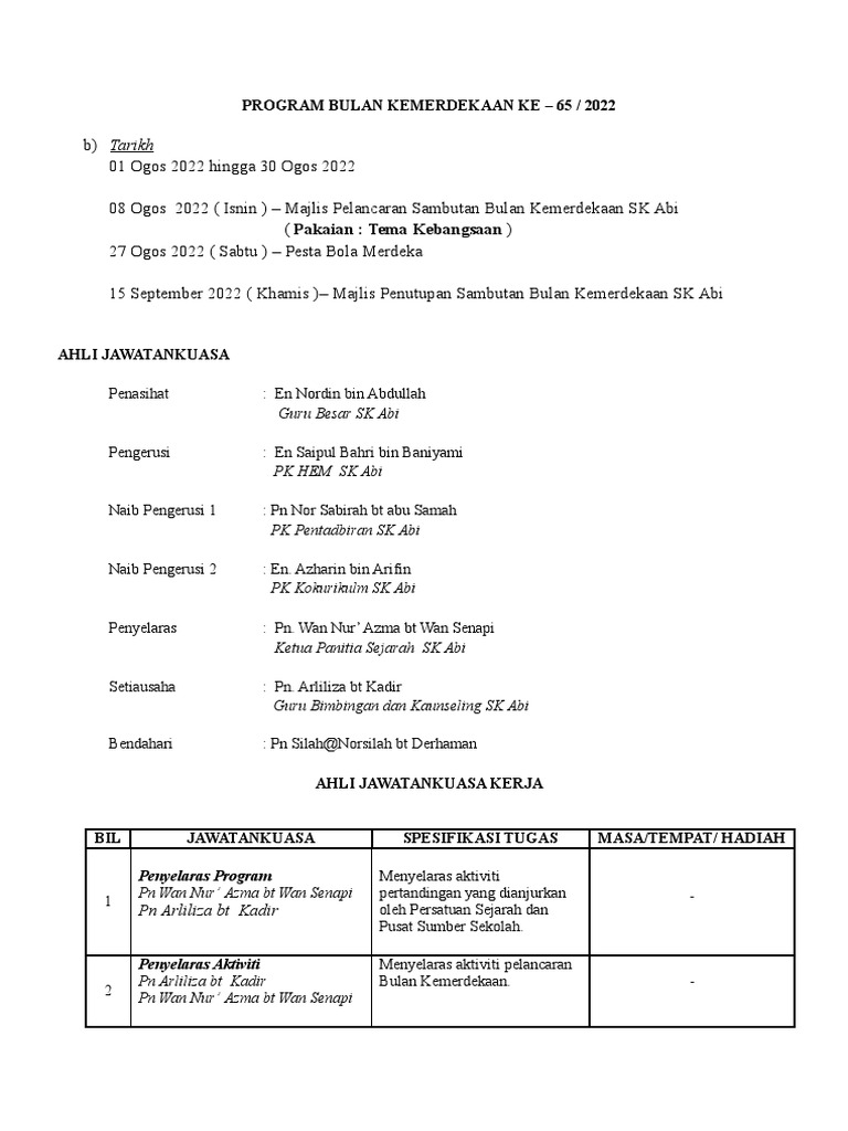 Ahli JawatanKuasa PROGRAM BULAN KEMERDEKAAN 2022 | PDF Ahli JawatanKuasa PROGRAM BULAN KEMERDEKAAN 2022 | PDF