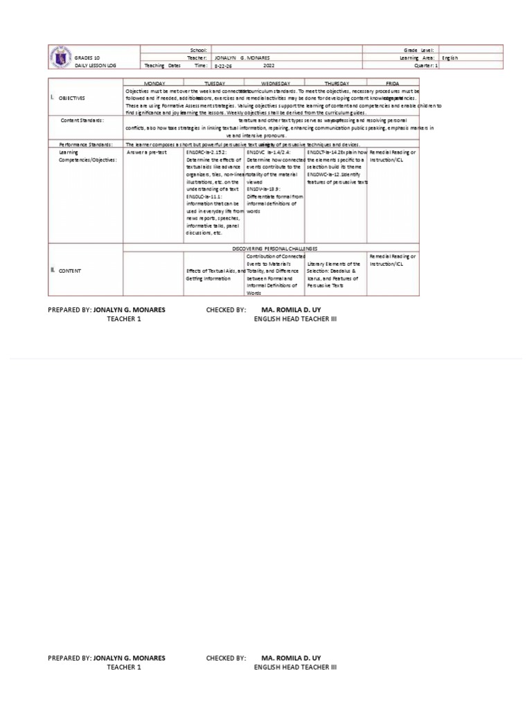 Prepared By: Jonalyn G. Monares Checked By: Ma. Romila D. Uy Teacher 1 ...