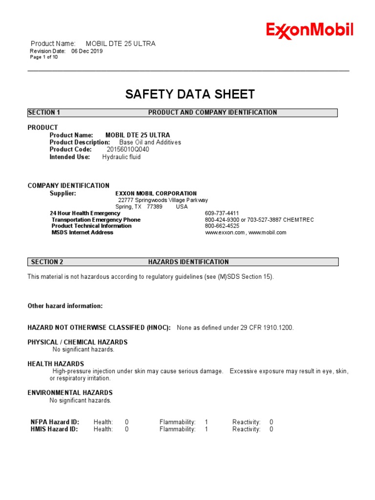 Mobil Oil Dte 25 Ultra - Safety Data Sheet (SDS) | PDF | Firefighting ...