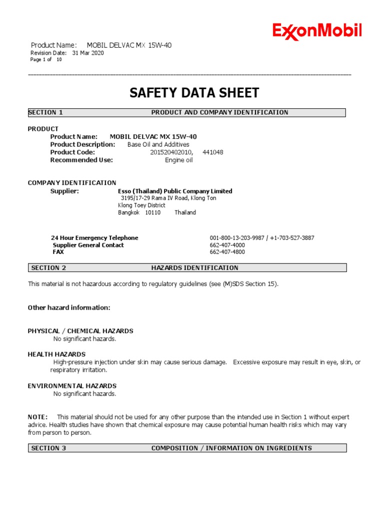 Mobil Delvac MX 15w-40 (Eng) Msds | PDF | Firefighting | Personal ...