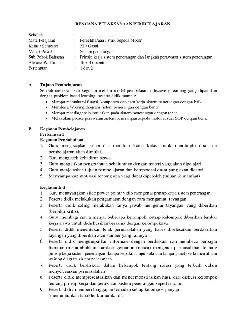 RPP Sistem Penerangan Sepeda Motor | PDF