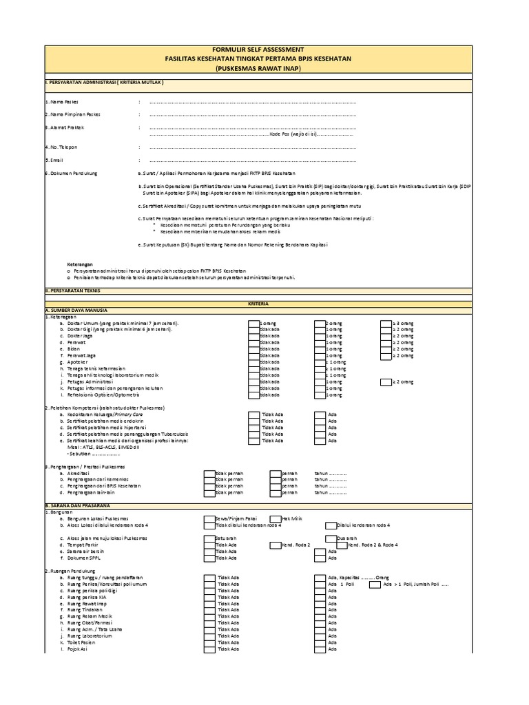 Form Self Assesment Puskesmas - Inap - New 2022 | PDF