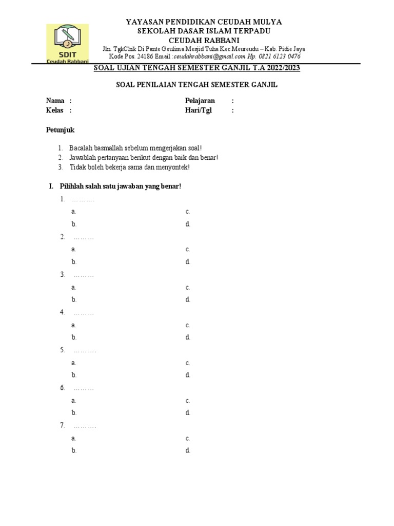 Format Soal Ujian SDIT 2022 | PDF