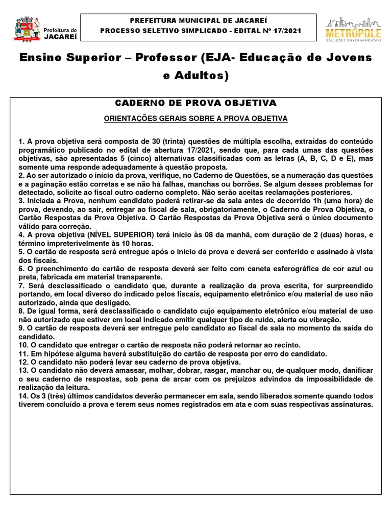 Prova Objetiva para Professor EJA | PDF | Bem-estar