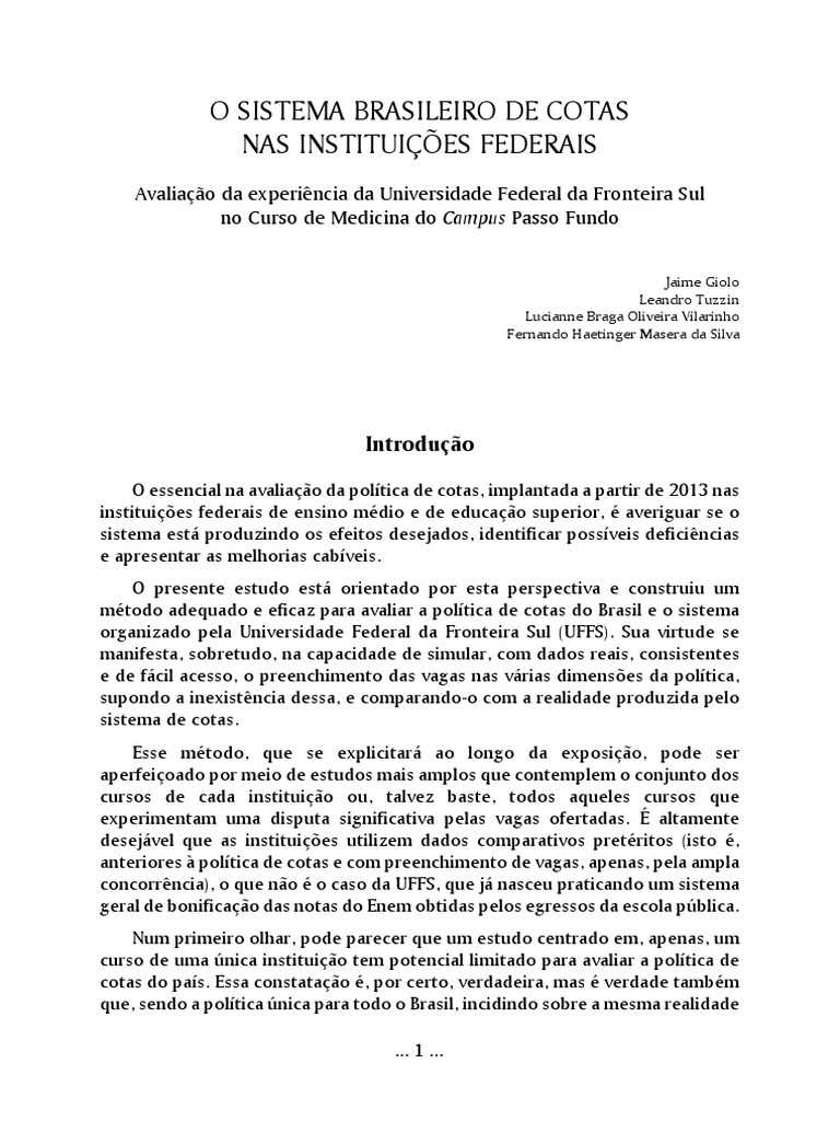 Avaliação do Sistema de Cotas na UFFS | PDF | Ensino Superior | Brasil