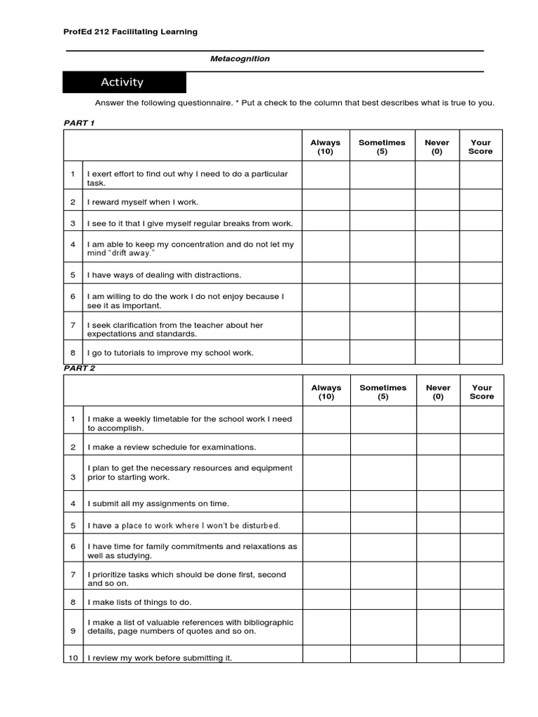 Metacognitive Activity | PDF | Self-Improvement | Wellness