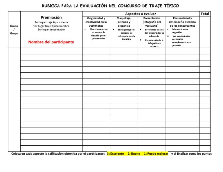 Rubrica para Evaluar Concurso de Traje Tipico | PDF