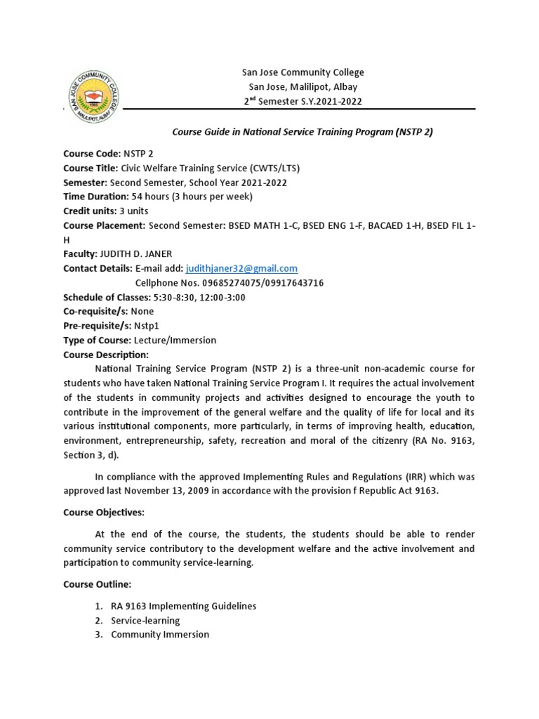 Course Guide - NSTP 2 | PDF | Service Learning | Evaluation