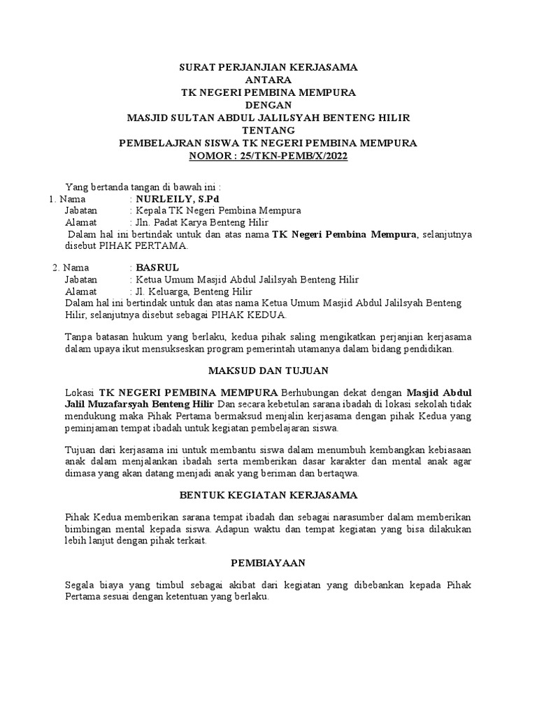 Perjanjian Kerjasama DGN Masjid | PDF