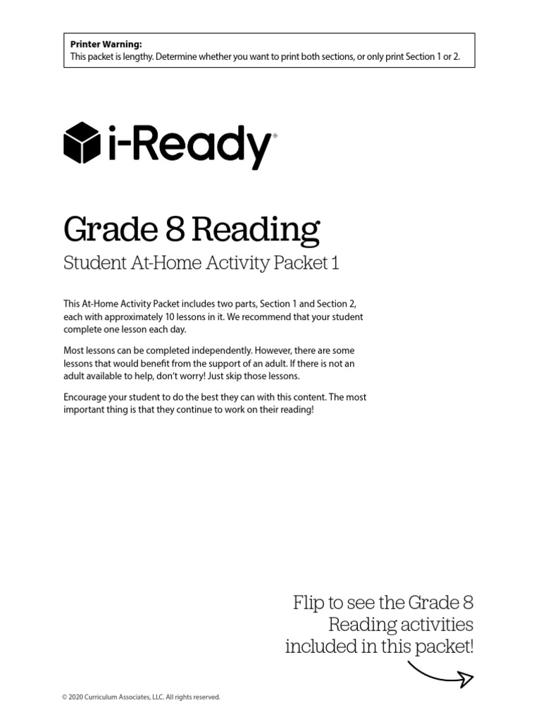 Iready at Home Activity Packets Student Ela Grade 8 2020 | PDF ...