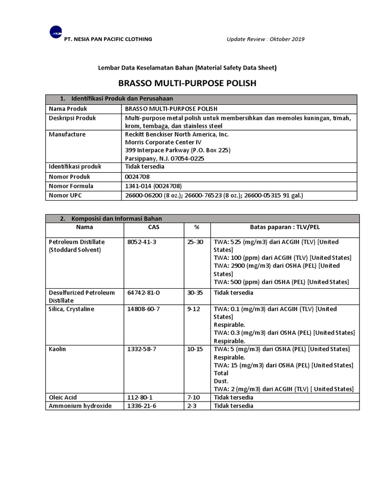 MSDS Brasso Polish | PDF