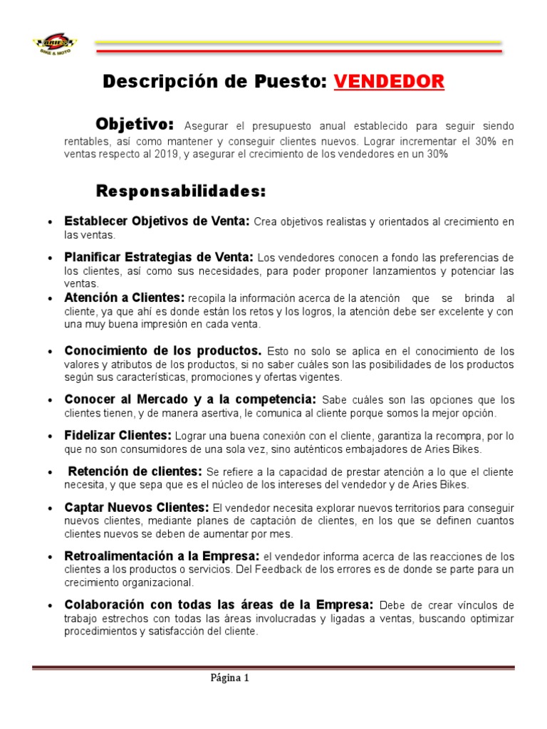 Descripcion Puesto Vendedor 2020 | PDF | Cliente