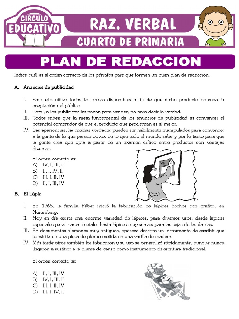 Ejercicios de Plan de Redaccion para Cuarto de Primaria | PDF