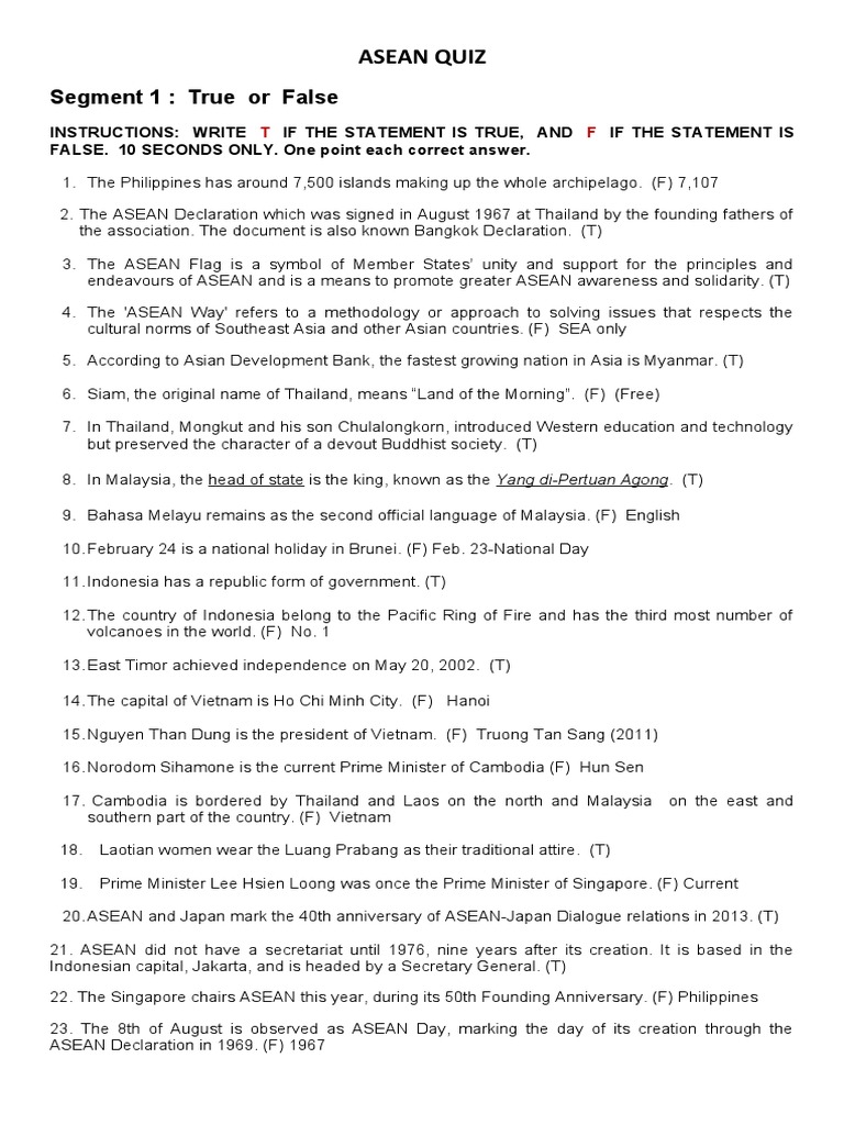 ASEAN Quiz Questions | PDF