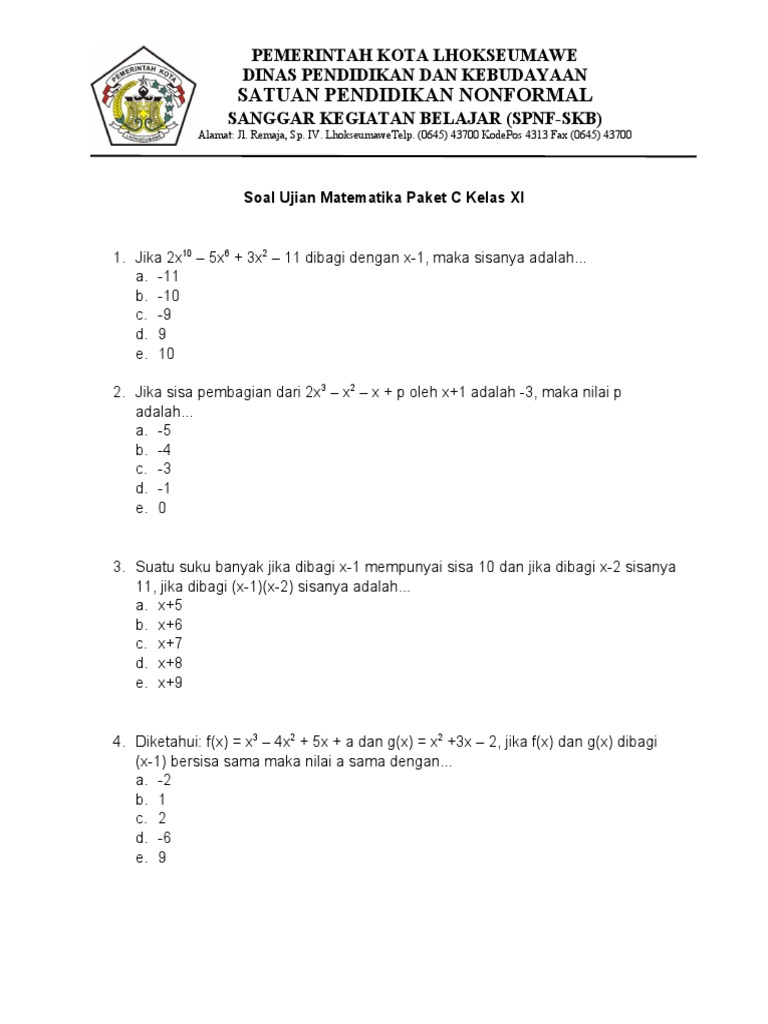 Soal Ujian Matematika Paket C Kelas XI 2021 | PDF