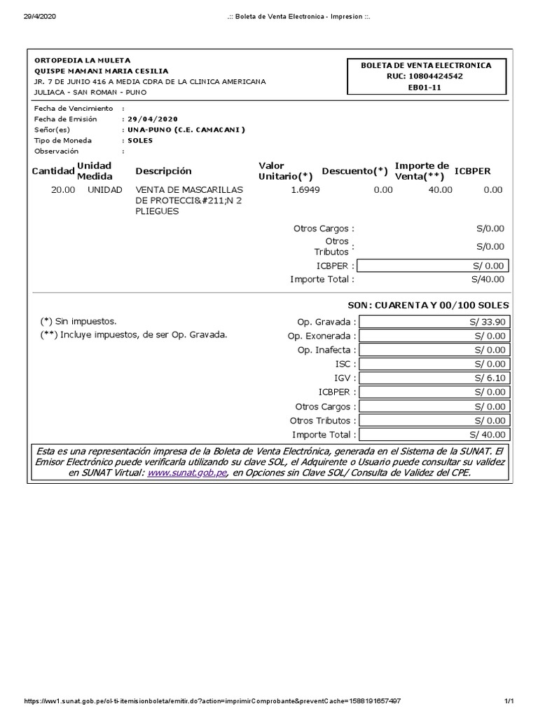 Boleta de Venta Electrónica SUNAT | PDF