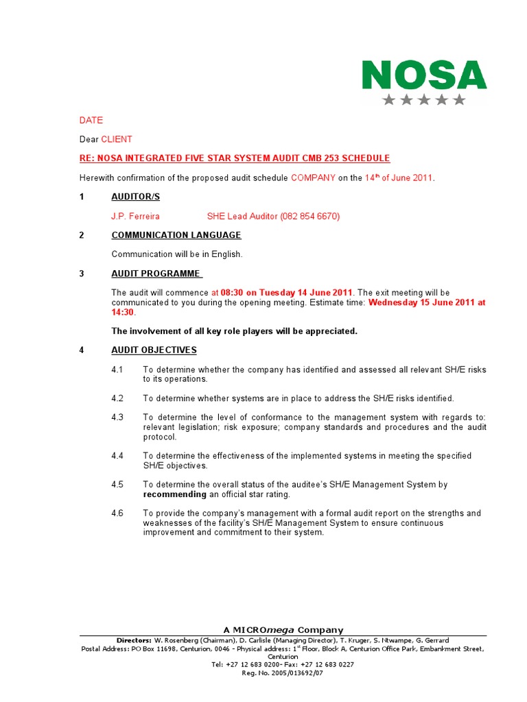 Nosa Audit Plan Template | PDF | Audit | Auditor's Report