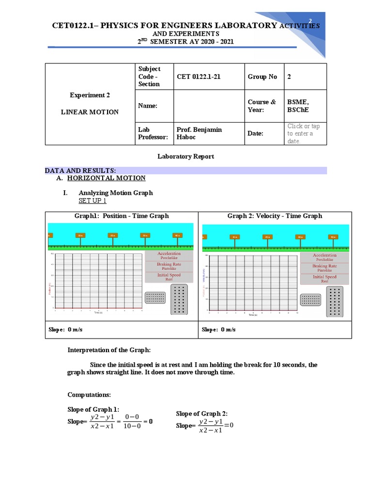 Experiment 2 Linear Motion Laboratory Report Sheet | PDF | Velocity | Acceleration