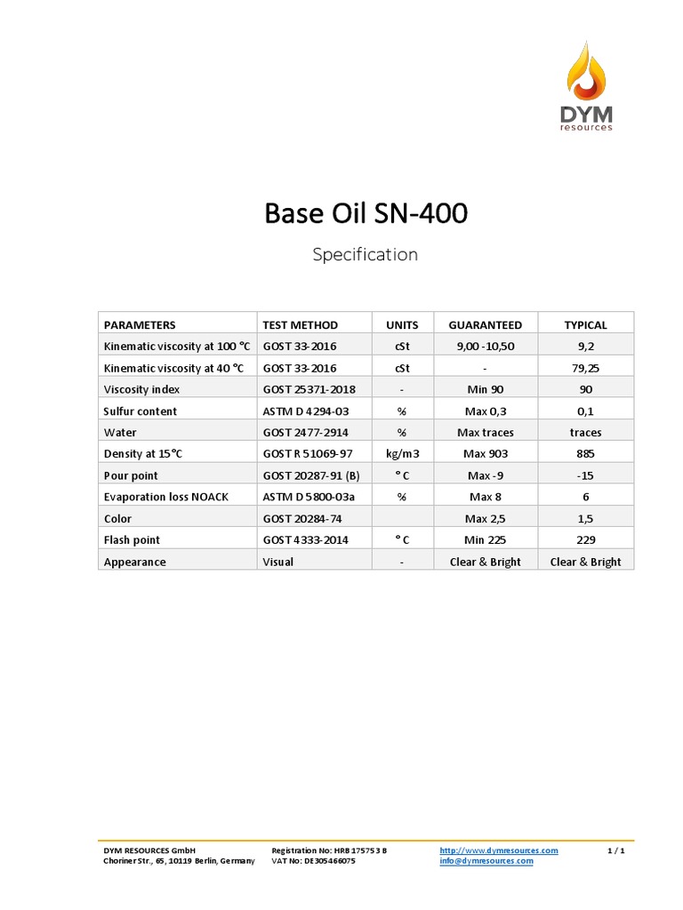 Base Oil SN-400 Specifications | PDF