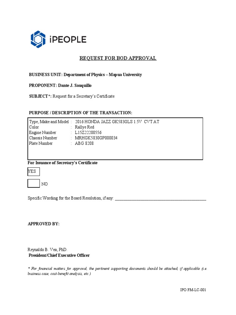 IPO FM-LC-001 - Request For BOD Approval (Sauquillo) | PDF | Business ...