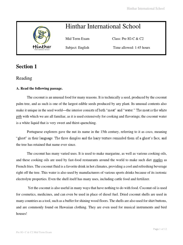Pre IG C& C2 Mid Term Exam Question Paper | PDF | Coconut | Foods