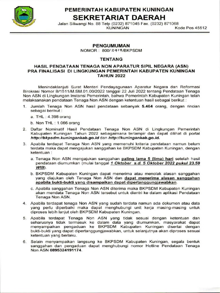 Pengumuman Hasil Pendataan Non ASN Tahun 2022 | PDF