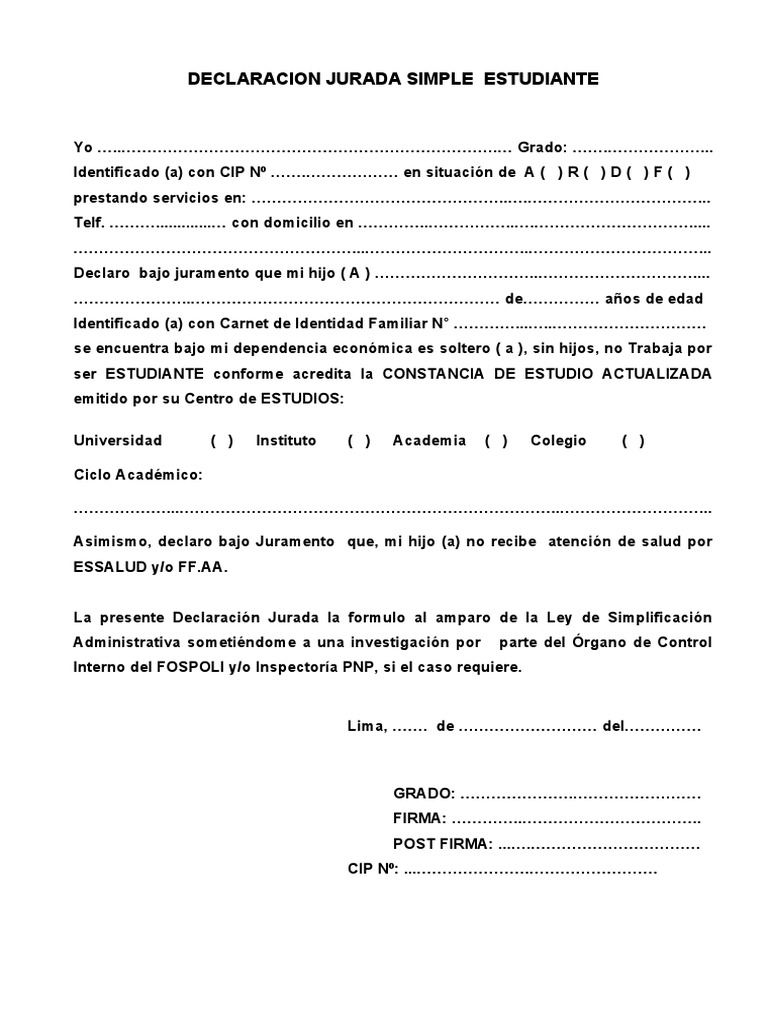 Declaracion Jurada Modelo En Formatos Word Y Pdf Imagesmodelo De Declaracion Jurada