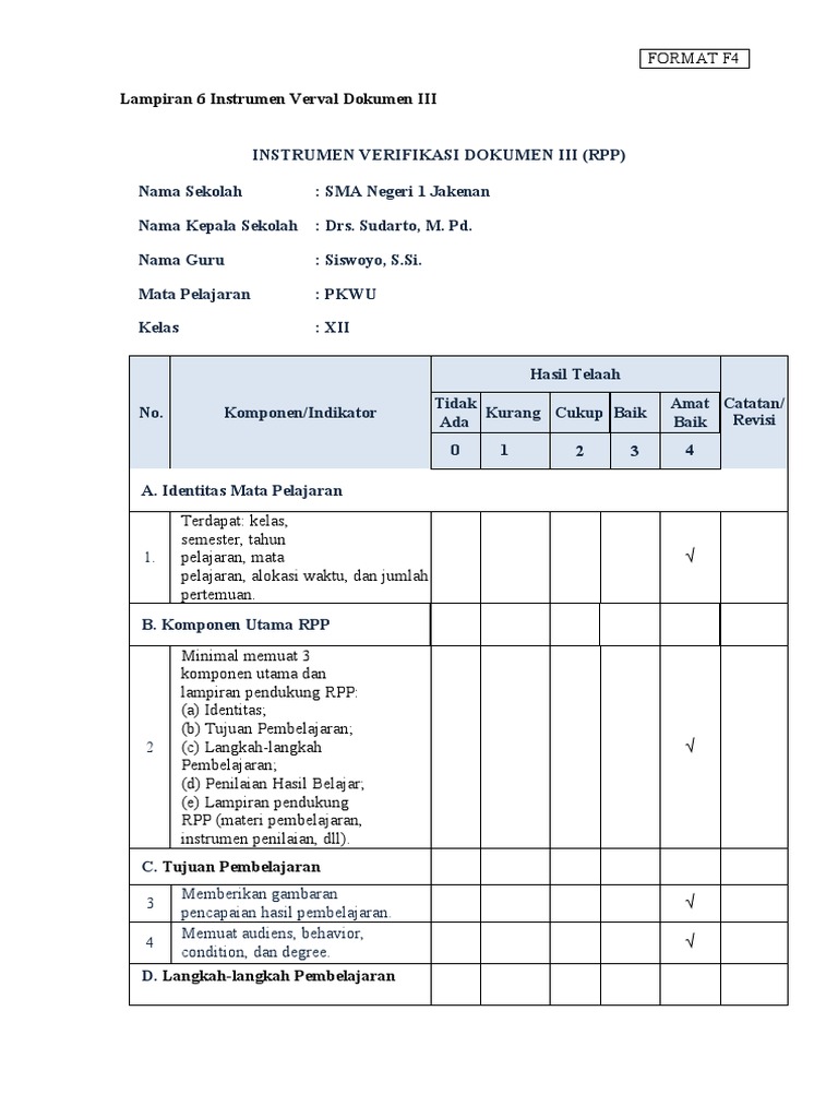 Lamp 6 Instrumen Verifikasi - Validasi Dokumen III RPP 2021 Kelas Xi ...