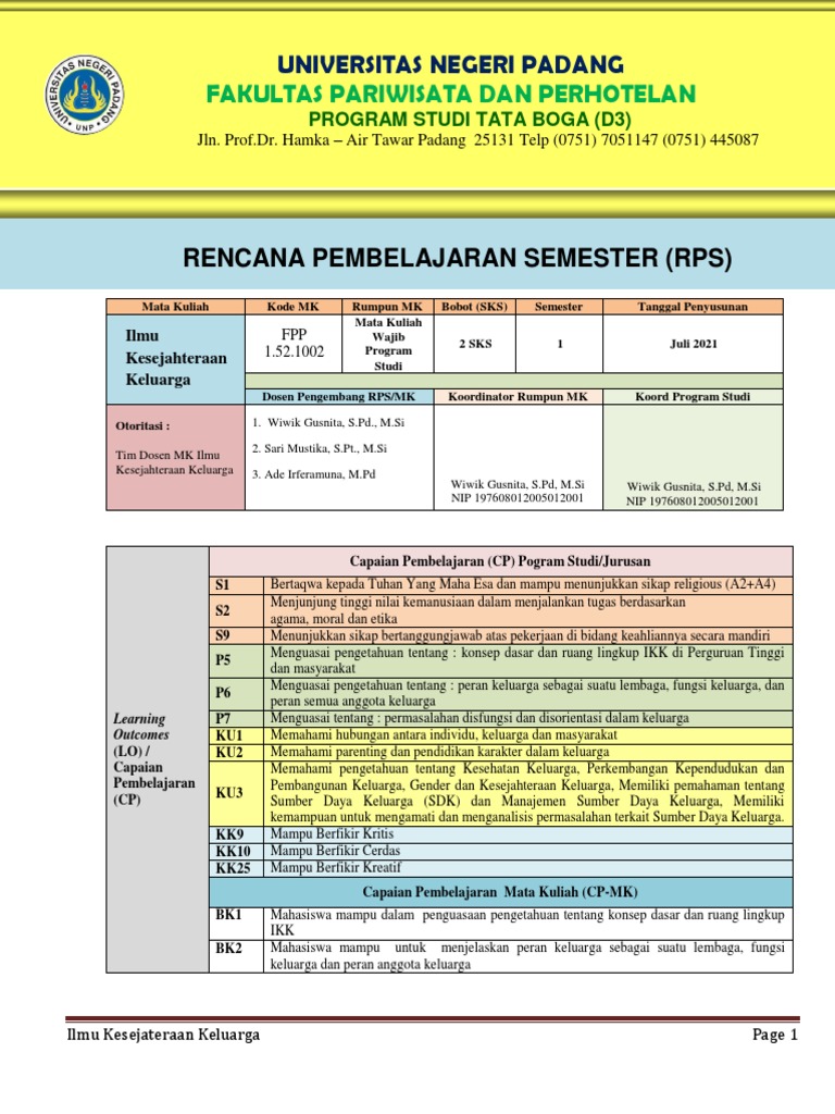 Rencana Pembelajaran Semester (RPS) : Fakultas Pariwisata Dan Perhotelan | PDF