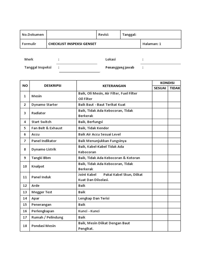 Checklist Inspeksi Genset Lengkap | PDF