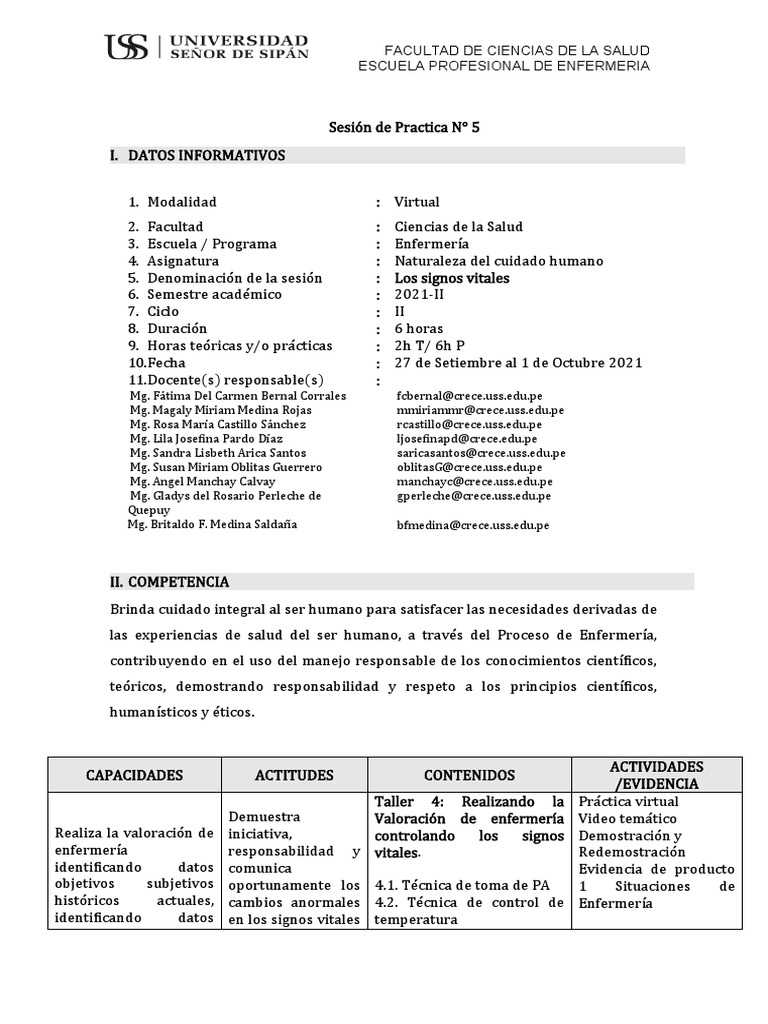 Sesión de Practica N 05 Signos Vitales | PDF | Enfermería | Evaluación