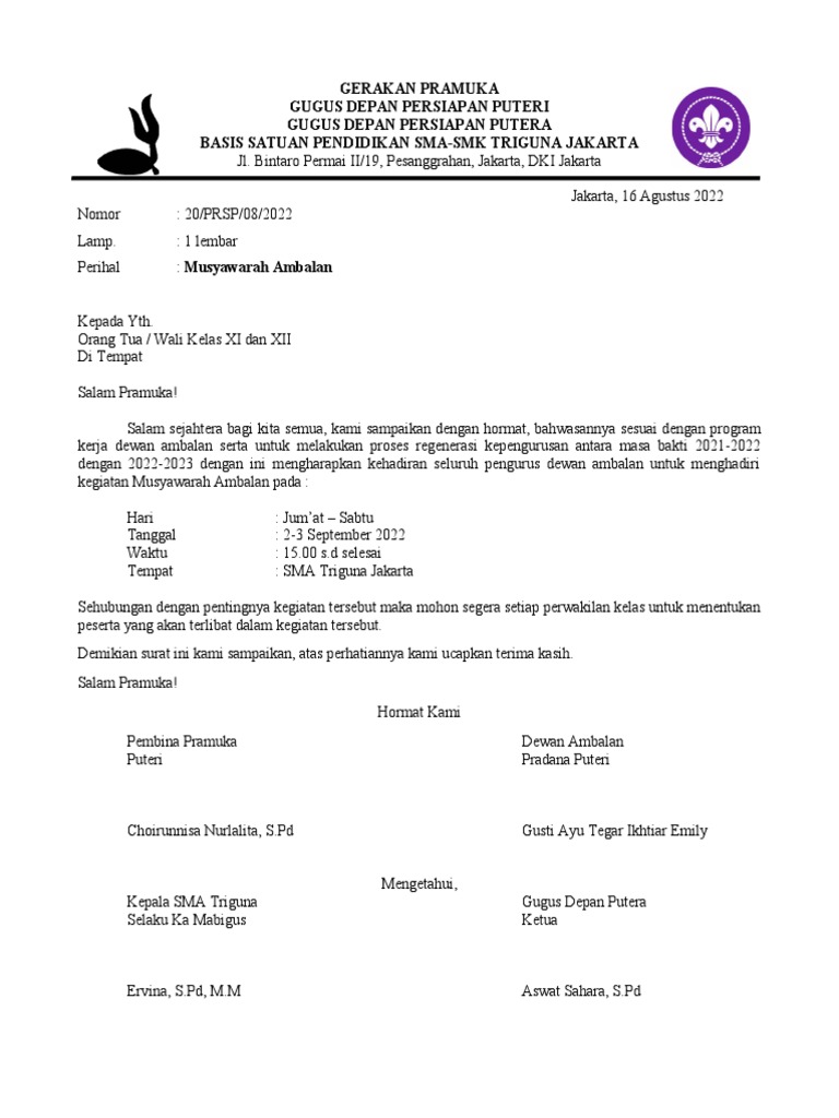 Musyawarah Ambalan SMA Triguna | PDF