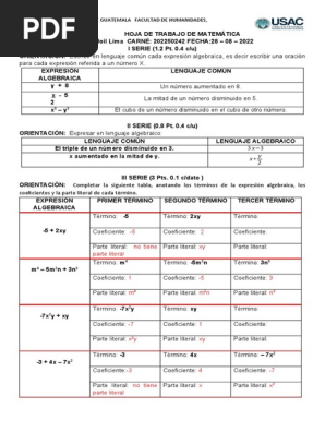 Hoja De Trabajo Con Respuestas Para Traducir Expresiones Algebraicas