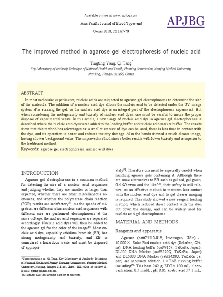 Apjbg: The Improved Method in Agarose Gel Electrophoresis of Nucleic ...